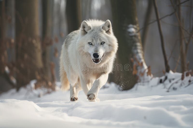 Wolf Running through Snow-covered Forest, Its Fluffy Tail in Full View ...