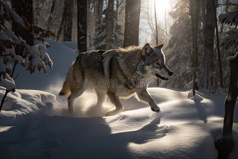 Wolf, Running through Snow-covered Forest, with Its Fur Shining in the ...