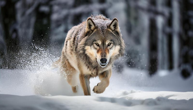 Wolf Running through Snow in Winter Forest Stock Image - Image of ...