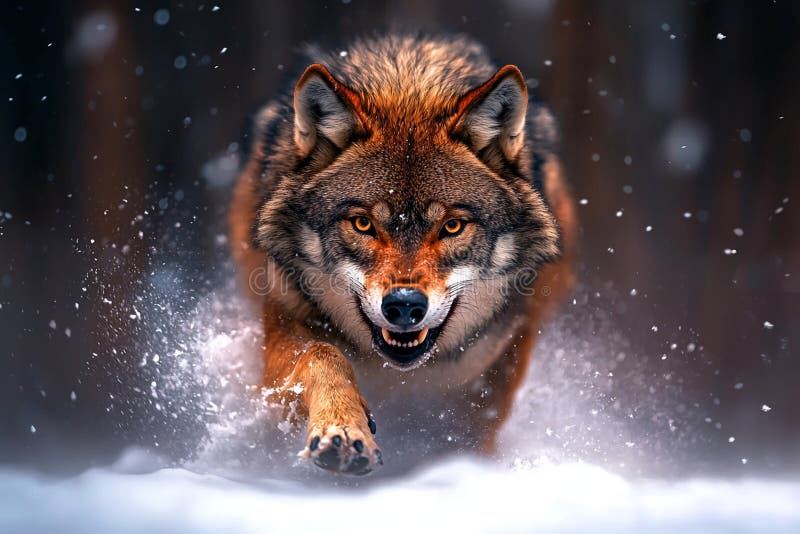 Wolf Running through Snowy Forest, Showcasing Its Fierce Expression and ...