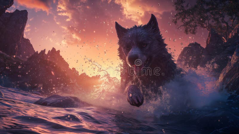 Wolf Running and Splashing through Water at Sunset Stock Illustration ...