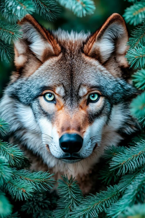 A Close Up of a Wolf S Face in a Pine Tree Stock Image - Image of ...