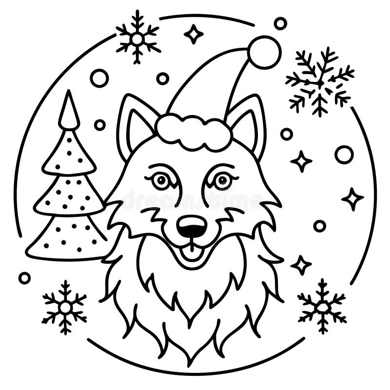Wolf with Santa Hat. Snowflakes in the Night and Christmas Tree Stock ...