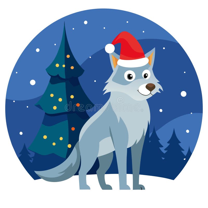 Wolf with Santa Hat. Snowflakes in the Night and Christmas Tree Stock ...