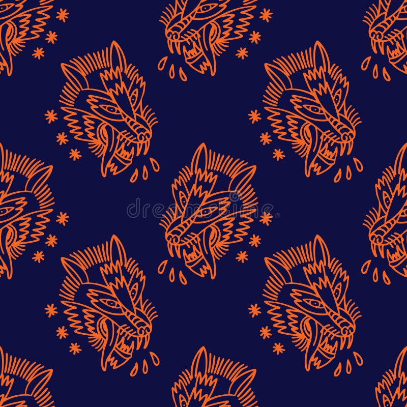 Wolf Seamless Doodle Pattern, Traditional Tattoo Illustration Stock ...