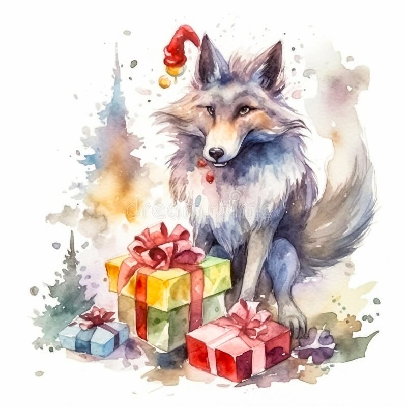 A Wolf Seated beside a Stack of Festive Christmas Presents Stock Photo ...