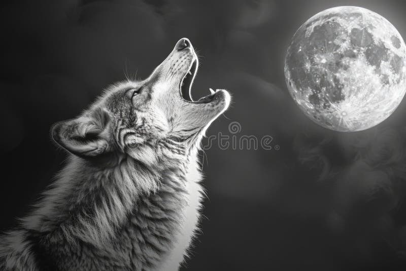 Wolf howling at full moon stock photo. Image of body - 375614870