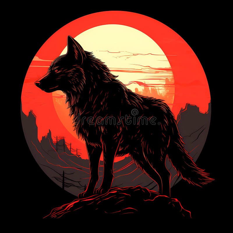 Wolf Shadow Front the Red Moon Stock Illustration - Illustration of ...