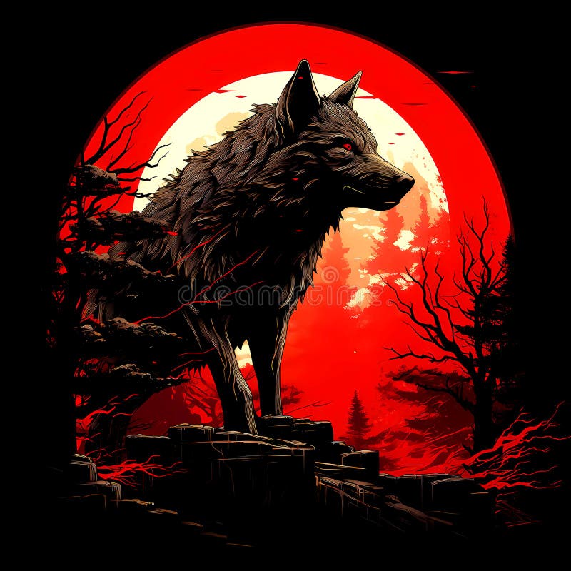 Black Wolf Howling At The Red Moon