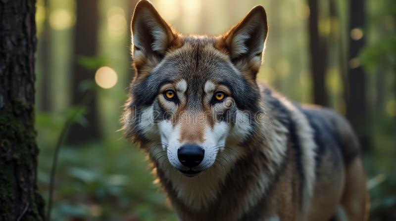 Wolf with Sharp Yellow Eyes Gazes from Dense Forest Stock Photo - Image ...