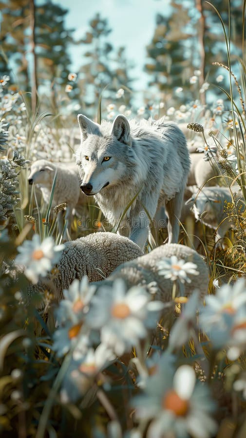Wolf among Sheep in a Flower Field Stock Image - Image of rural ...