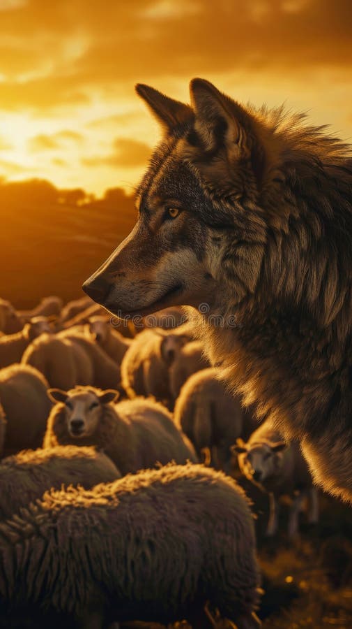 Wolf among Sheep at Sunset, Dramatic Contrast and Wildlife Concept ...