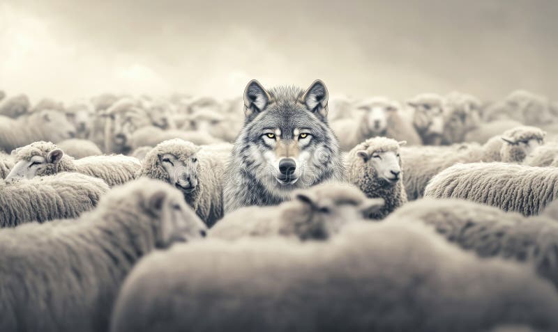 Wolf among Sheep, Symbolizing Predator-prey Dynamics, Showcasing a Wolf ...
