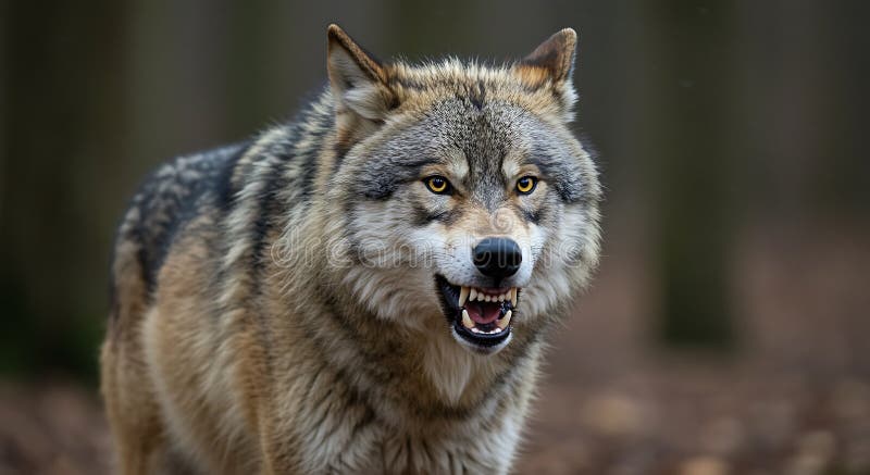 Wolf Showing Teeth Aggressively in Forest Close Up Portrait Stock ...