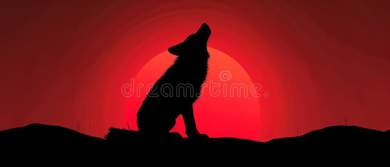 A Wolf Silhouette Atop a Hill Against a Red-black Sky, with the Sun ...