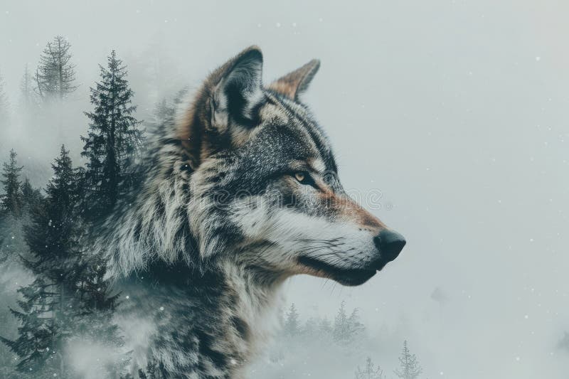 Wolf Silhouette Featuring Double Exposure with Forest Trees Stock Image ...