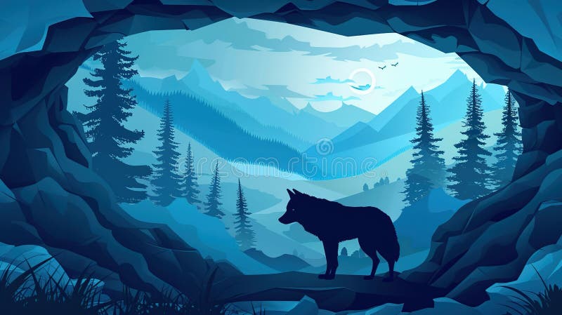Wolf Silhouette Inside a Cave with a Blue Mountain Landscape Scene ...