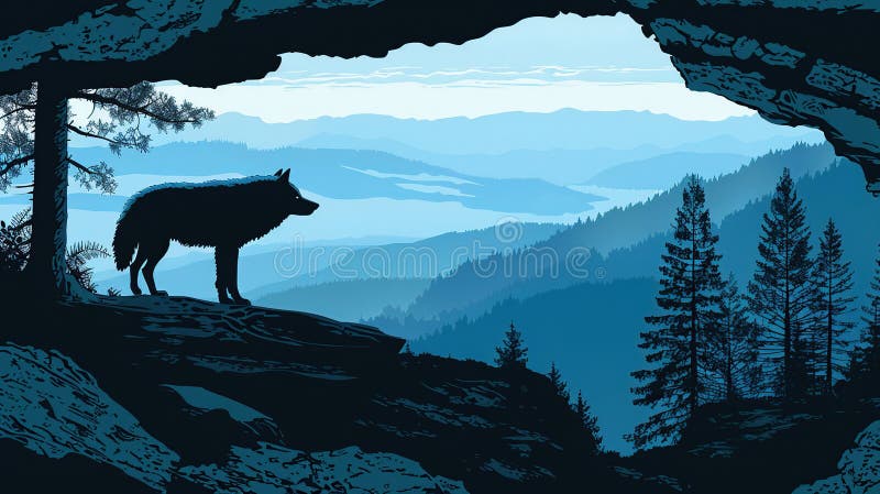 Wolf Silhouette Inside a Cave with a Blue Mountain Landscape Scene ...