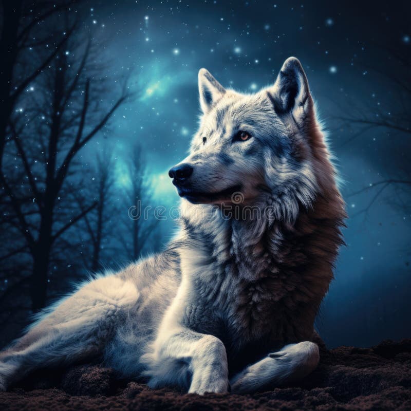 Wolf Sitting Calm in Night Stars and Sky Behind Stock Illustration ...