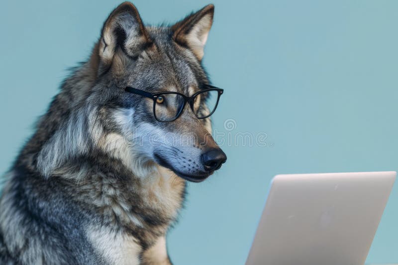 A Wolf Sitting in Front of a Laptop, Wearing Glasses, with a Plain Icy ...