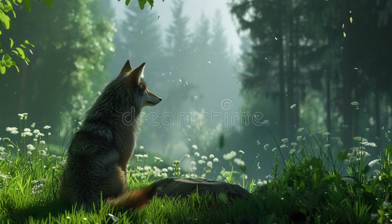 Wolf Sitting in the Grass, Looking at the Forest Stock Illustration ...