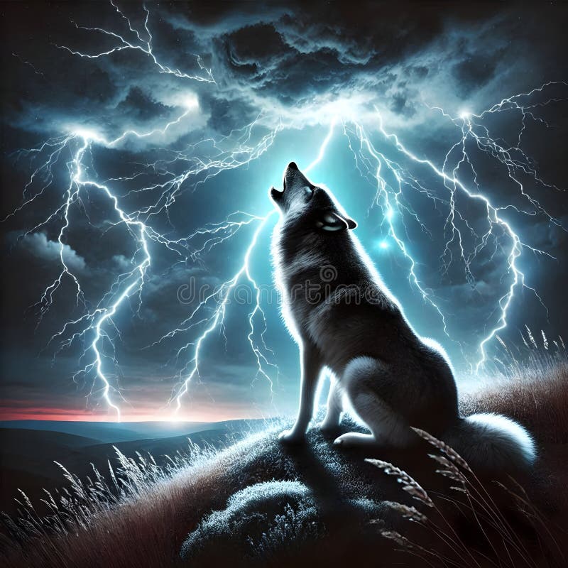 A Wolf Sitting on a Hill, Howling in a Stormy Night, with Lightning in ...