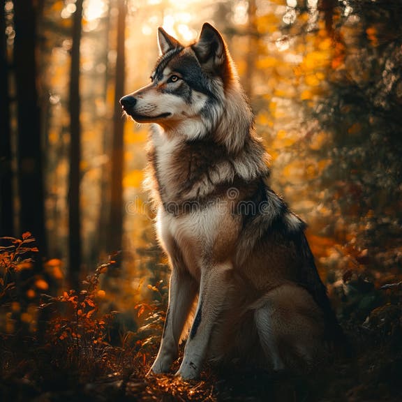 A Wolf Sitting in the Middle of a Forest in the Fall Stock Image ...