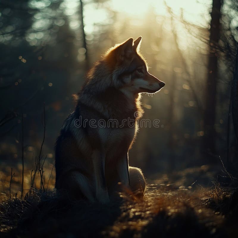 A Wolf Sitting in the Middle of a Forest at Sunset Stock Photo - Image ...