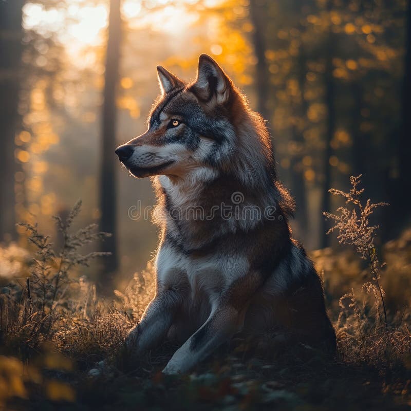 A Wolf Sitting in the Middle of a Forest at Sunset Stock Photo - Image ...