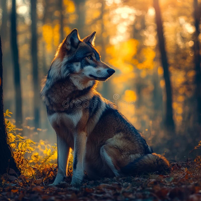 A Wolf Sitting in the Middle of a Forest at Sunset Stock Image - Image ...