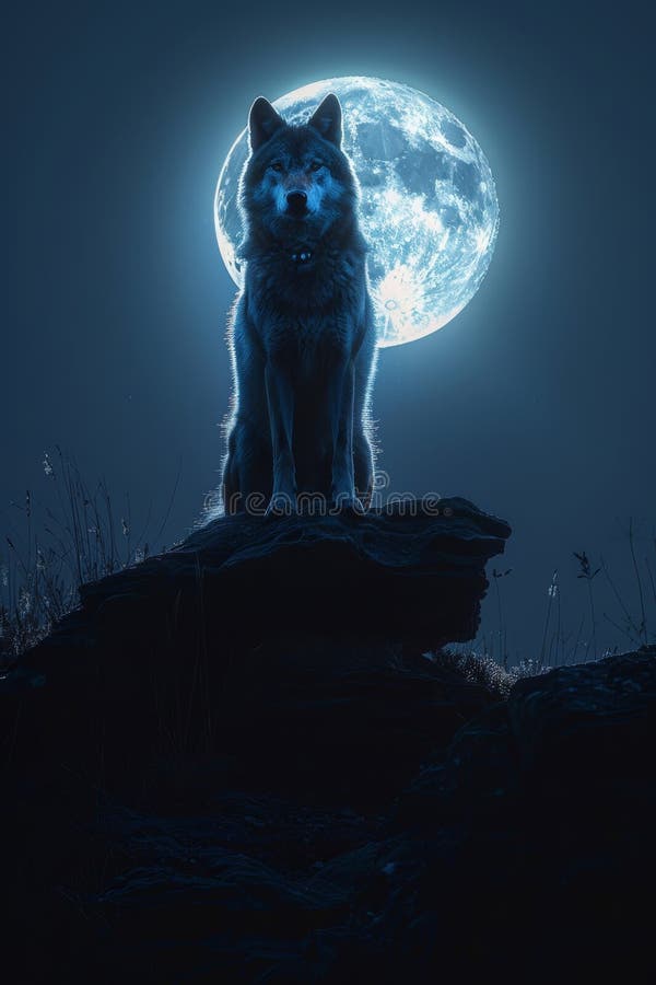 Wolf Sitting on Rock in Front of Full Moon Stock Image - Image of lone ...