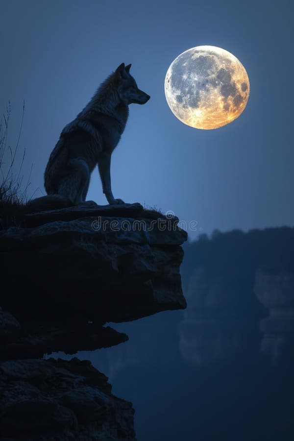 Wolf Sitting on Rock in Front of Full Moon Stock Photo - Image of clear ...