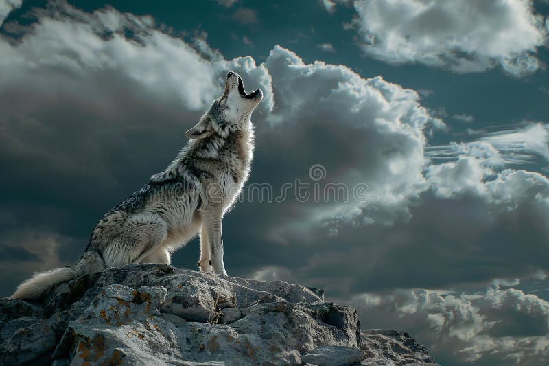 A Wolf Sitting on a Rock and Looking at the Sky with Clouds Stock ...