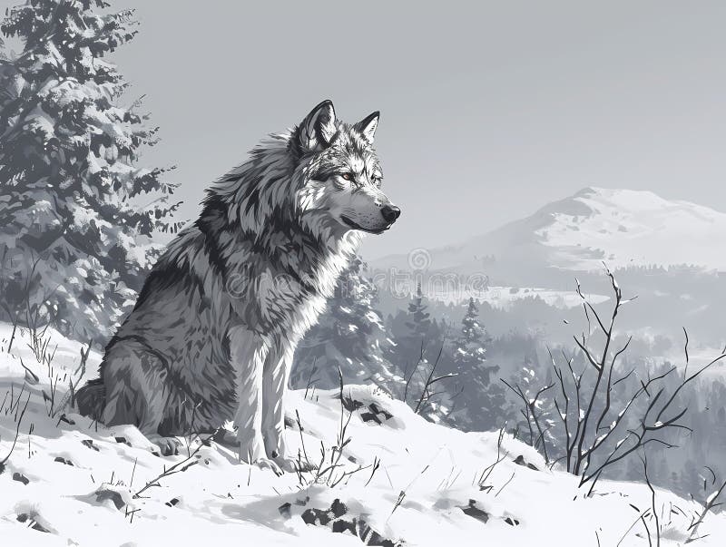 Wolf, a Wolf Sitting in the Snow Stock Illustration - Illustration of ...