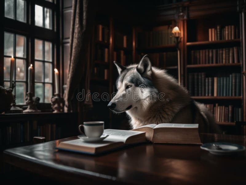 A Wolf Sitting at a Table with a Book and a Cup of Coffee. AI ...