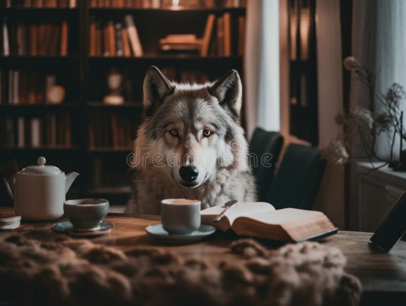 A Wolf Sitting at a Table with a Cup of Coffee. AI Generative Image ...