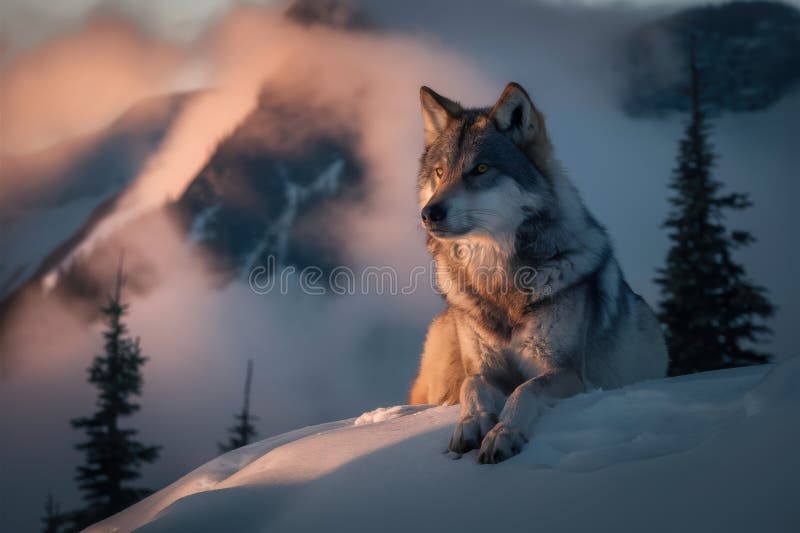 A Wolf Sitting on Top of a Snow Covered Mountain, AI Stock Image ...
