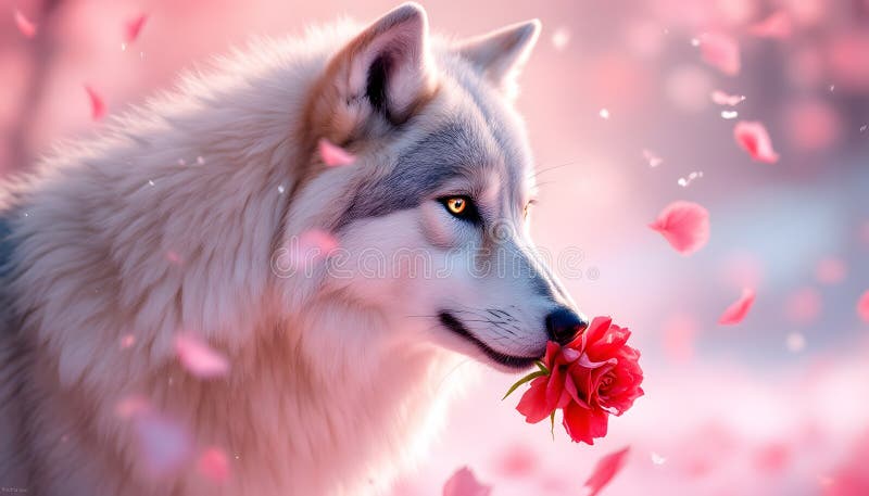 Wolf Smelling Red Rose with Falling Petals and Blurred Pink Background ...