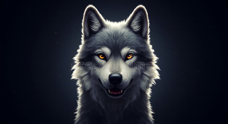 Wolf Smiling Portrait with Intense Yellow Eyes on Dark Background Stock ...
