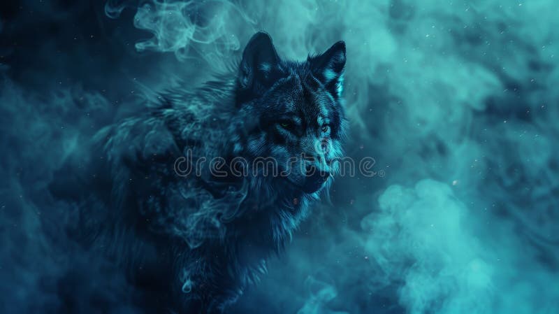 A Wolf is in the Smoke and Fog with a Blue Background, AI Stock Photo ...