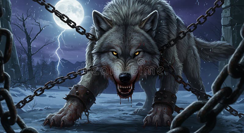Wolf Snarling Under Moonlight with Chain Restraints in Winter Scene ...