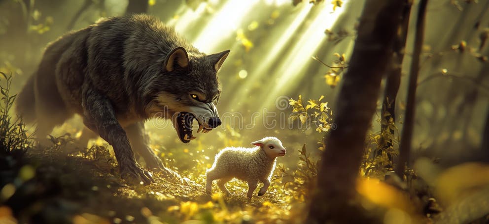 Wolf Stalking Lamb in Serene Forest Setting with Dramatic Lighting and Shadows Stock Photo ...