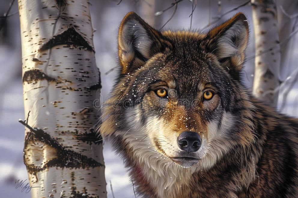 A Wolf Stalking a White Birch Tree in the Snow, High Quality, High ...