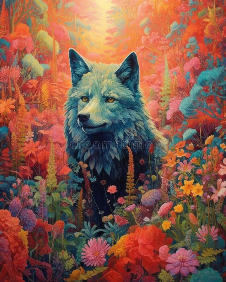 Wolf Standing Amidst a Forest Filled with Vibrant Flowers and Magical ...