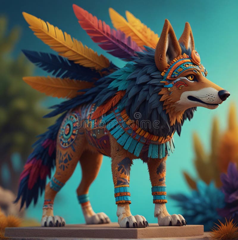 A Wolf is Standing in a Desert with a Colorful Aztec Costume on it ...
