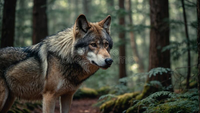 Wolf Standing on a Forest Path in Close-up Stock Illustration ...