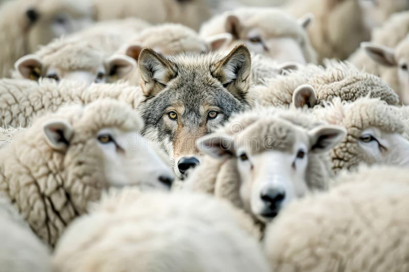 Wolf is Standing in Front of a Herd of Sheep. Stock Image - Image of ...