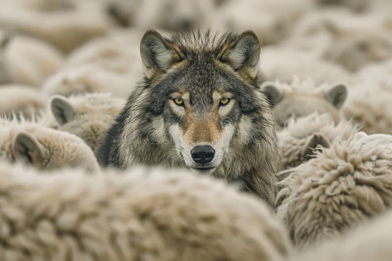 Wolf is Standing in Front of a Herd of Sheep Stock Photo - Image of ...