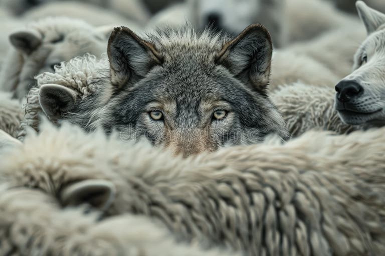 Wolf is Standing in Front of a Herd of Sheep. Stock Photo - Image of ...