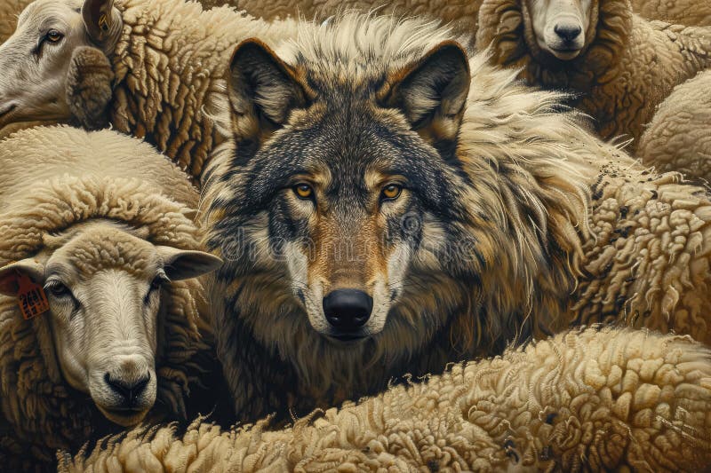 Wolf is Standing in Front of a Herd of Sheep. Stock Image - Image of ...